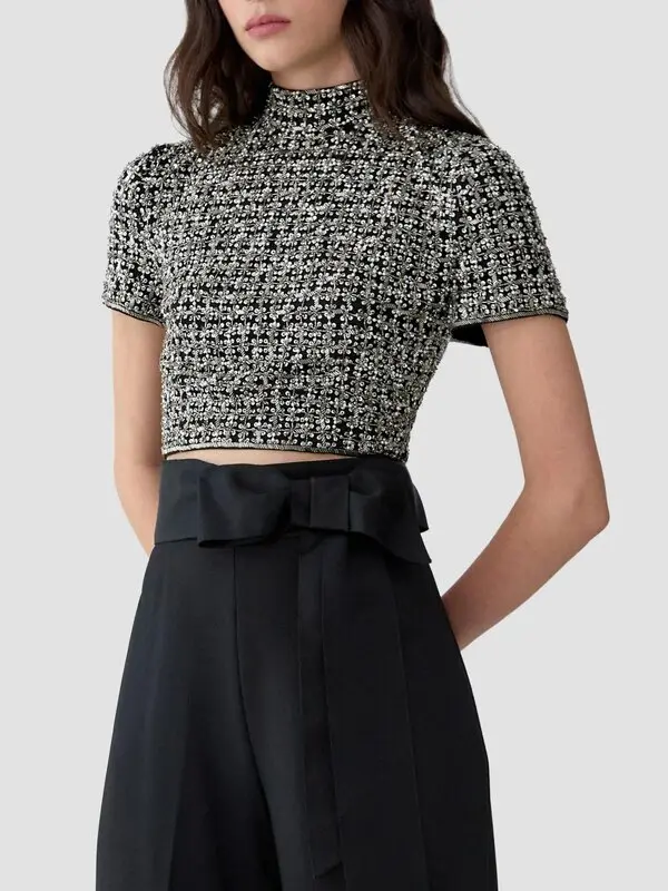 Carolina Herrera Chalet Embellished Short-sleeve Crop Top
