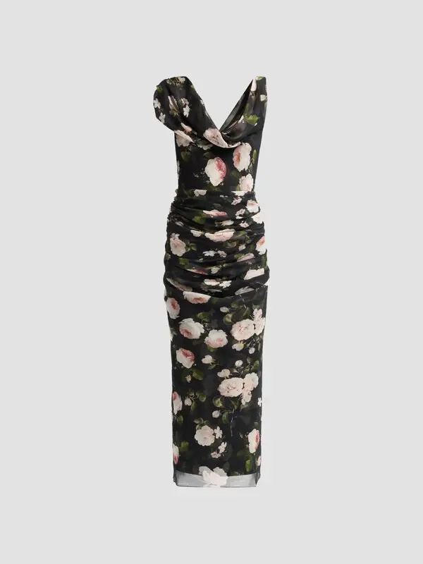 Carolina Herrera Chalet Floral Silk Ruched Midi Dress - Black Multi