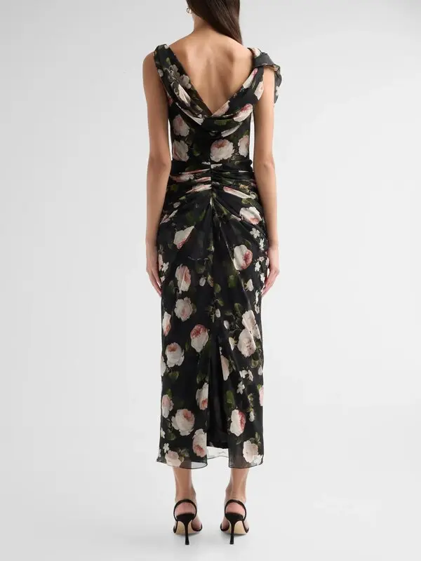 Carolina Herrera Chalet Floral Silk Ruched Midi Dress