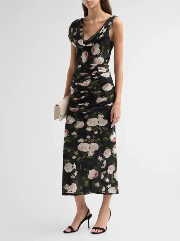 Carolina Herrera Chalet Floral Silk Ruched Midi Dress
