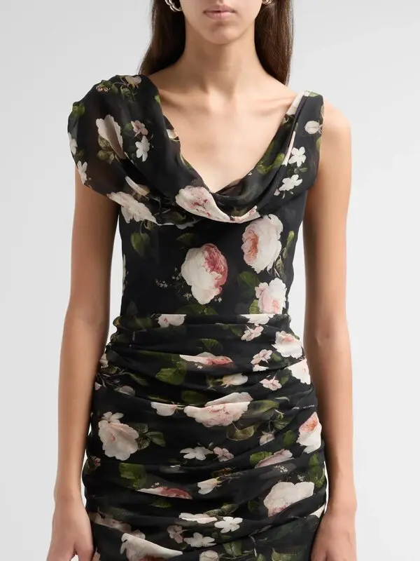 Carolina Herrera Chalet Floral Silk Ruched Midi Dress