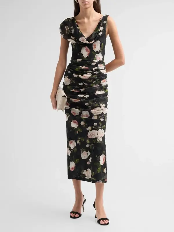 Carolina Herrera Chalet Floral Silk Ruched Midi Dress