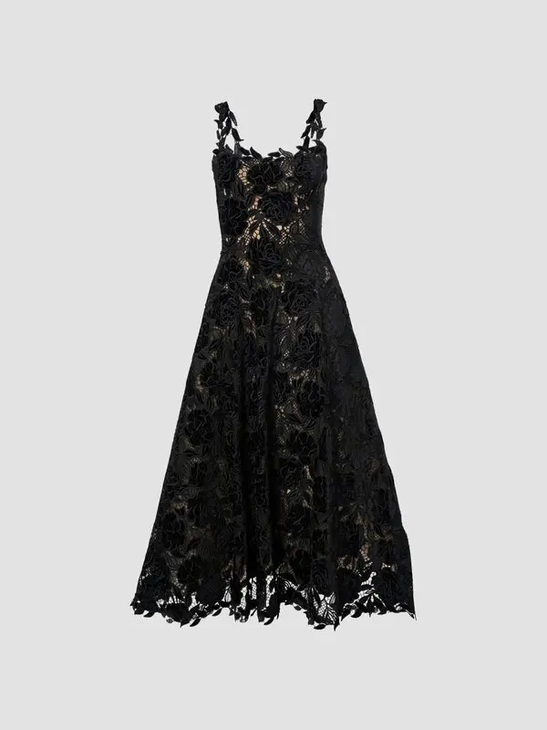 Carolina Herrera Chalet Floral Guipure Lace Scoopneck Midi Dress - Black