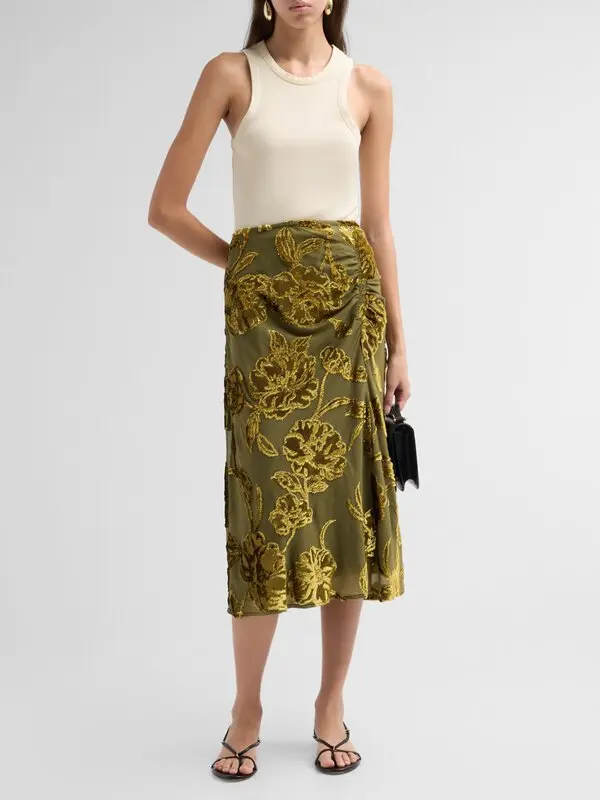 Johnny Was Endora Metallic-embroidered Ruched Silk Midi Skirt