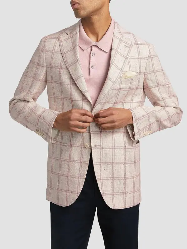 SAKS FIFTH AVENUE Collection Windowpane Check Linen-wool Single-breasted Blazer