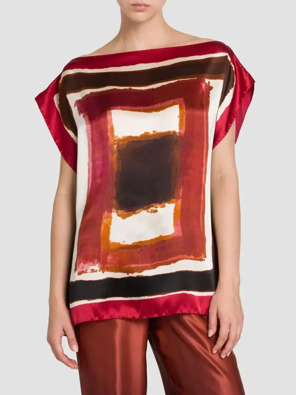 Kiton Painted Silk Cap-sleeve Blouse