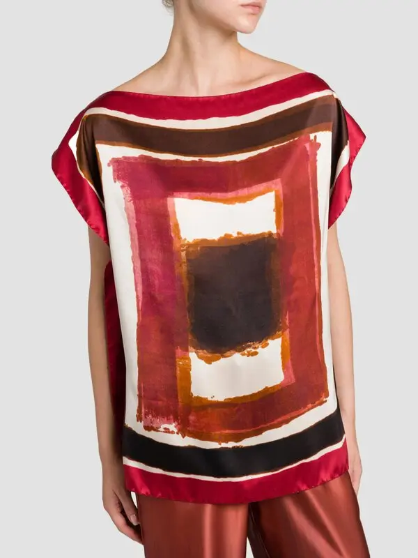 Kiton Painted Silk Cap-sleeve Blouse