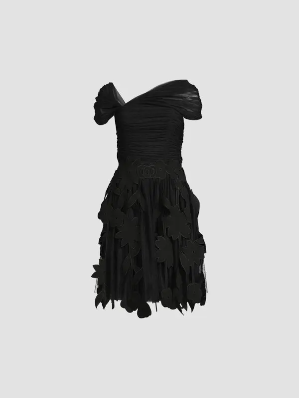 Shani Ruched Tulle Laser-cut Minidress - Black