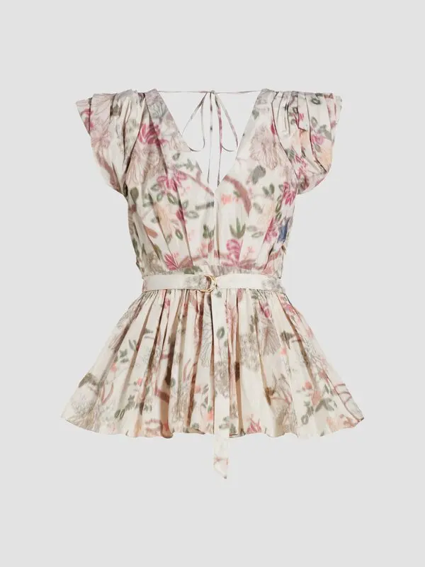 Prabal Gurung Belted Floral Puff Sleeve Top