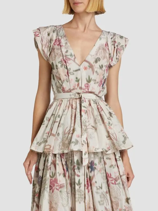 Prabal Gurung Belted Floral Puff Sleeve Top