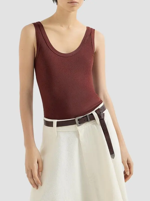 Brunello Cucinelli Stretch Cotton Ribbed Jersey Top With Monili - Wine