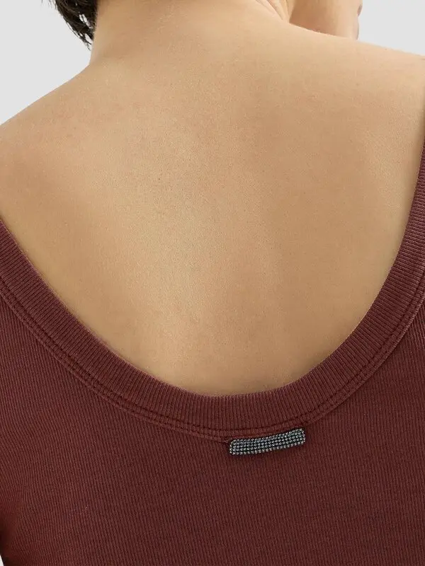 Brunello Cucinelli Stretch Cotton Ribbed Jersey Top With Monili - Wine