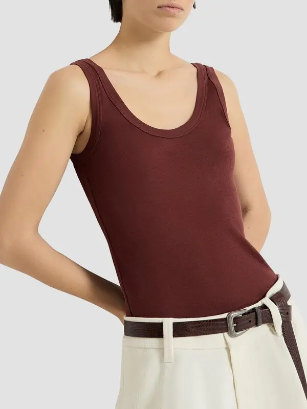 Brunello Cucinelli Stretch Cotton Ribbed Jersey Top With Monili - Wine