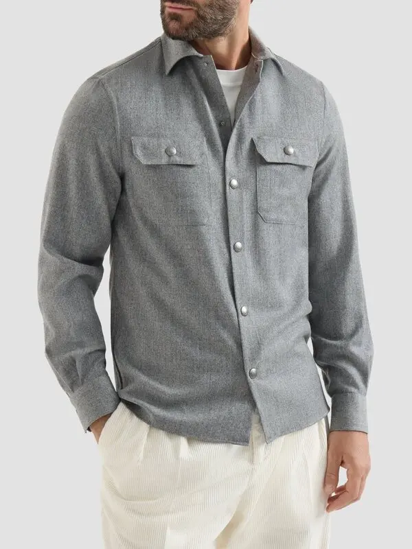 Brunello Cucinelli Virgin Wool Flannel Overshirt With Spread Collar - Grey