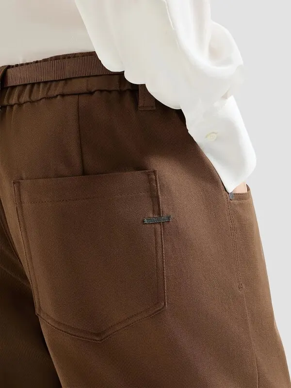 Brunello Cucinelli Stretch Cotton Cover Baggy Pull-on Trousers With Shiny Bartack - Cigar