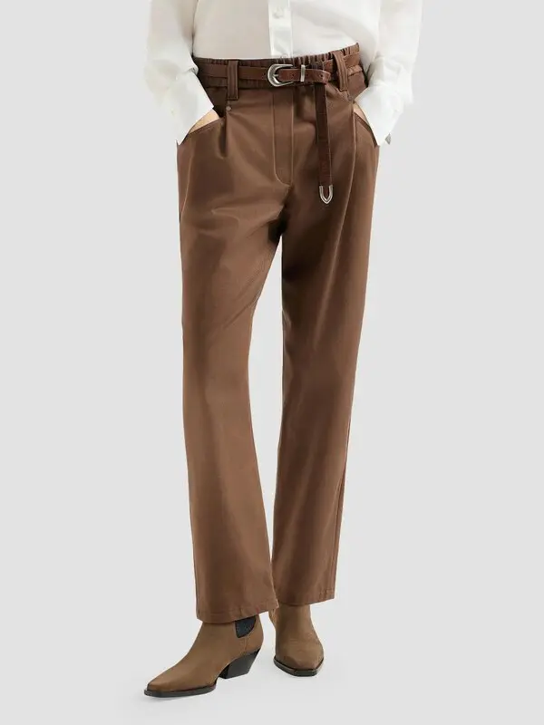 Brunello Cucinelli Stretch Cotton Cover Baggy Pull-on Trousers With Shiny Bartack - Cigar