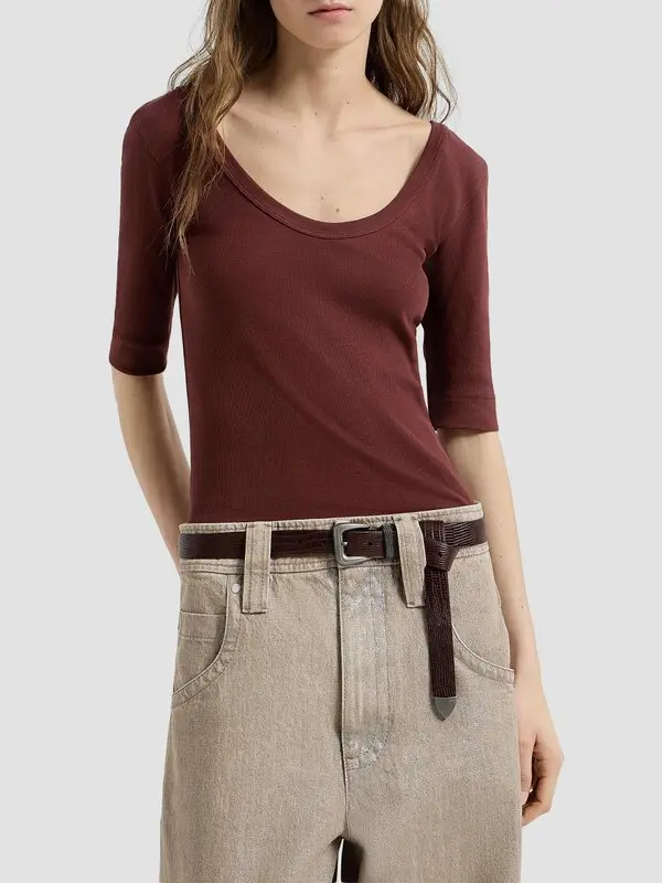 Brunello Cucinelli Stretch Cotton Ribbed Jersey T-shirt With Monili - Wine