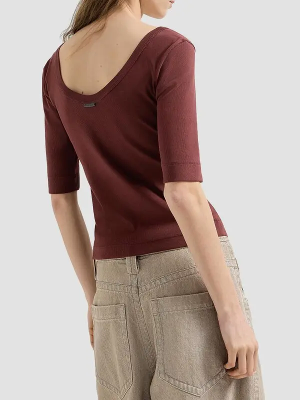 Brunello Cucinelli Stretch Cotton Ribbed Jersey T-shirt With Monili - Wine