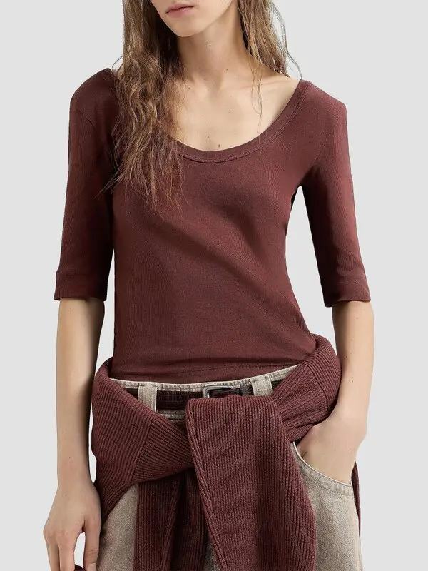 Brunello Cucinelli Stretch Cotton Ribbed Jersey T-shirt With Monili - Wine
