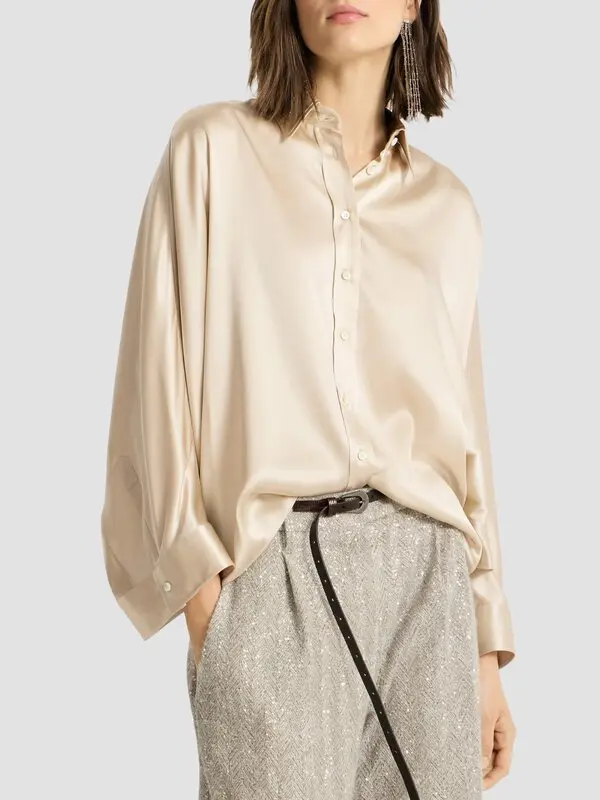 Brunello Cucinelli Stretch Silk Satin Shirt With Monili - Sand