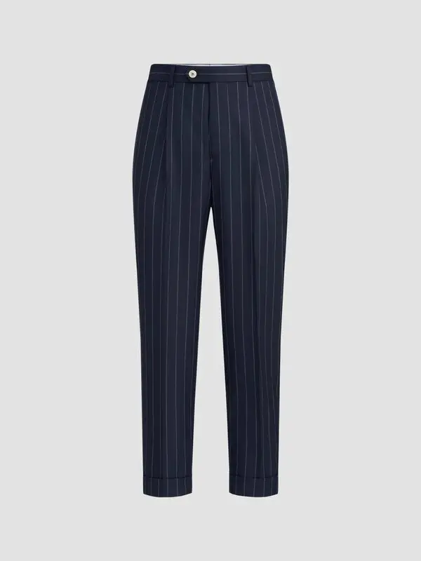 Brunello Cucinelli Super 150s Virgin Wool Wide Chalk Stripe Batavia Trousers With Pleats - Blue