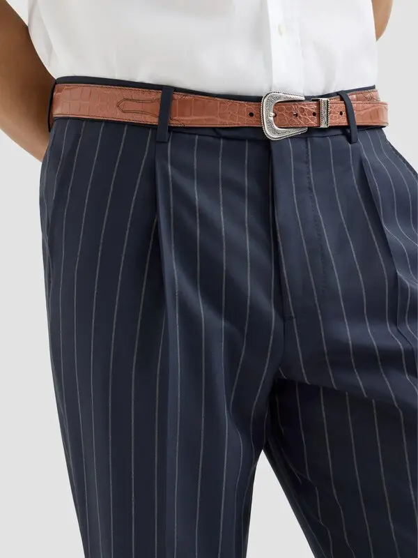 Brunello Cucinelli Super 150s Virgin Wool Wide Chalk Stripe Batavia Trousers With Pleats - Blue