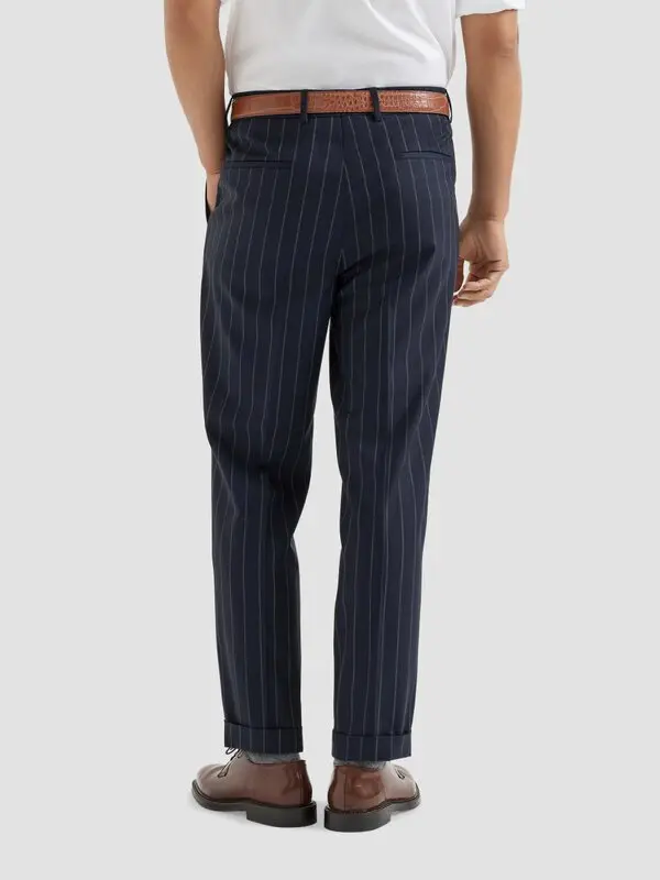 Brunello Cucinelli Super 150s Virgin Wool Wide Chalk Stripe Batavia Trousers With Pleats - Blue