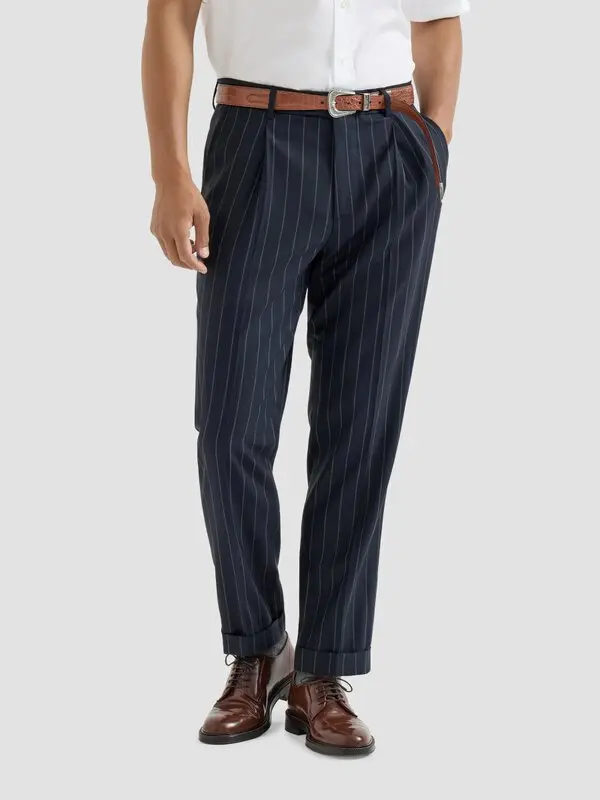 Brunello Cucinelli Super 150s Virgin Wool Wide Chalk Stripe Batavia Trousers With Pleats - Blue