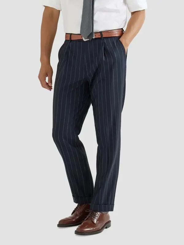 Brunello Cucinelli Super 150s Virgin Wool Wide Chalk Stripe Batavia Trousers With Pleats - Blue