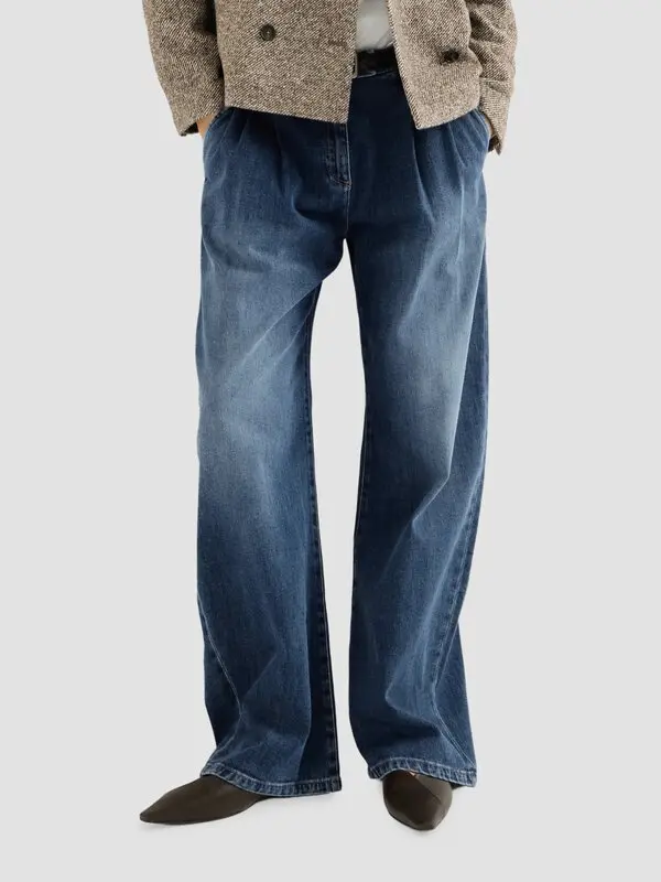 Brunello Cucinelli Comfort Cotton Denim Loose Curved Jeans With Monili - Medium Denim