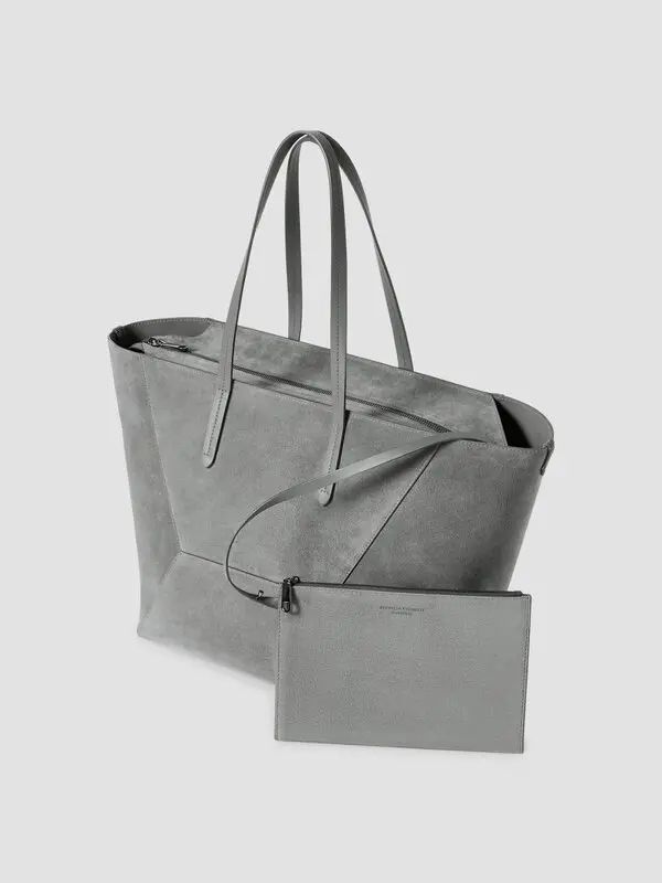 Brunello Cucinelli Duo Tote Bag In Suede With Monili - Stone Grey