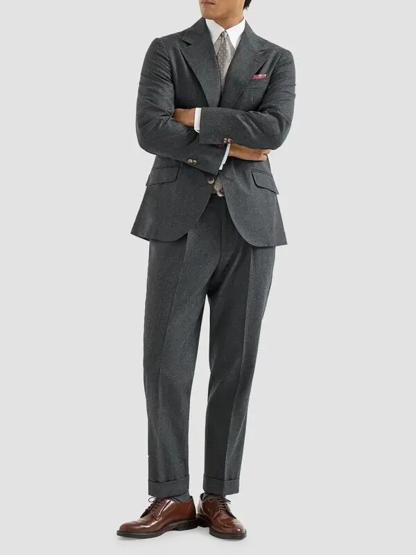 Brunello Cucinelli Virgin Wool Flannel Trousers With Pleats - Dark Grey