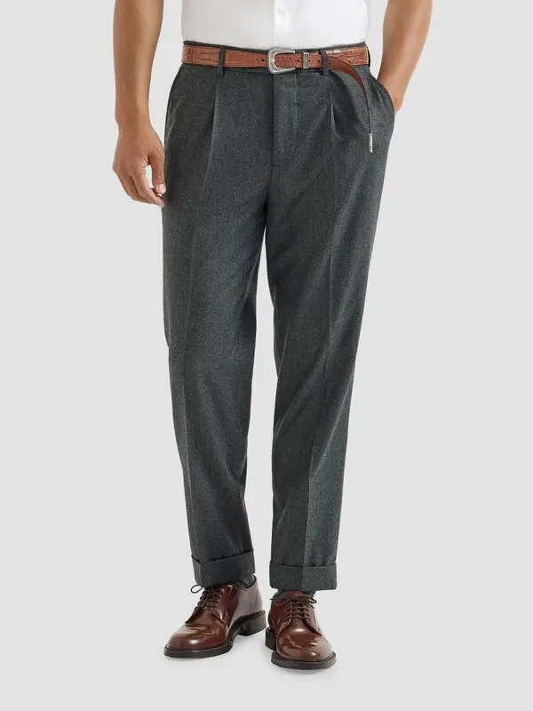 Brunello Cucinelli Virgin Wool Flannel Trousers With Pleats - Dark Grey
