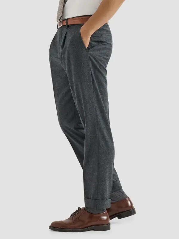 Brunello Cucinelli Virgin Wool Flannel Trousers With Pleats - Dark Grey