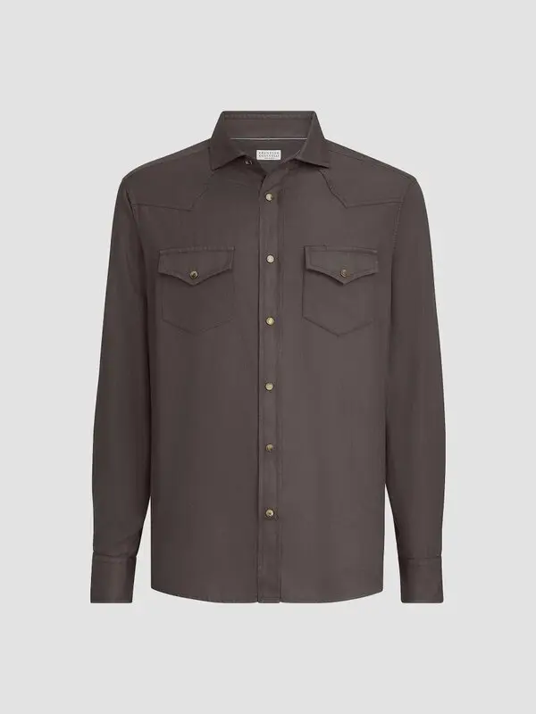 Brunello Cucinelli Gart Dyed Easy Fit Western Shirt In Cotton Chevron