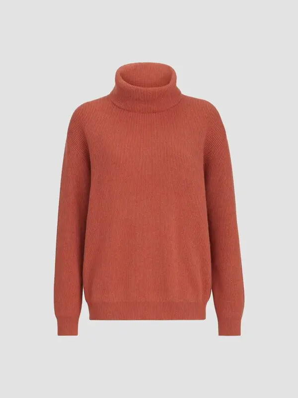 Brunello Cucinelli Cashmere English Rib Turtleneck Sweater With Monili - Firebrick