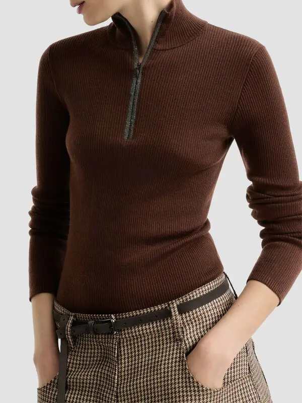 Brunello Cucinelli Virgin Wool And Cashmere Lightweight Ribbed Turtleneck Sweater - Brown
