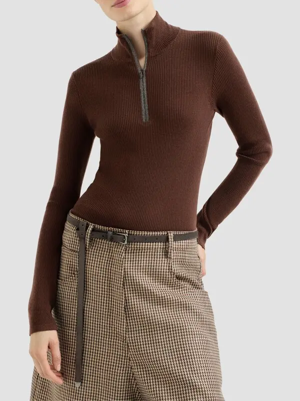 Brunello Cucinelli Virgin Wool And Cashmere Lightweight Ribbed Turtleneck Sweater - Brown