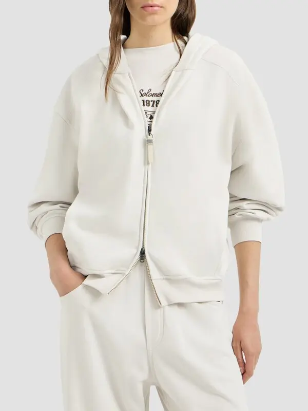 Brunello Cucinelli Cotton Smooth French Terry Sweatshirt With Shiny Zipper Pull - Milk