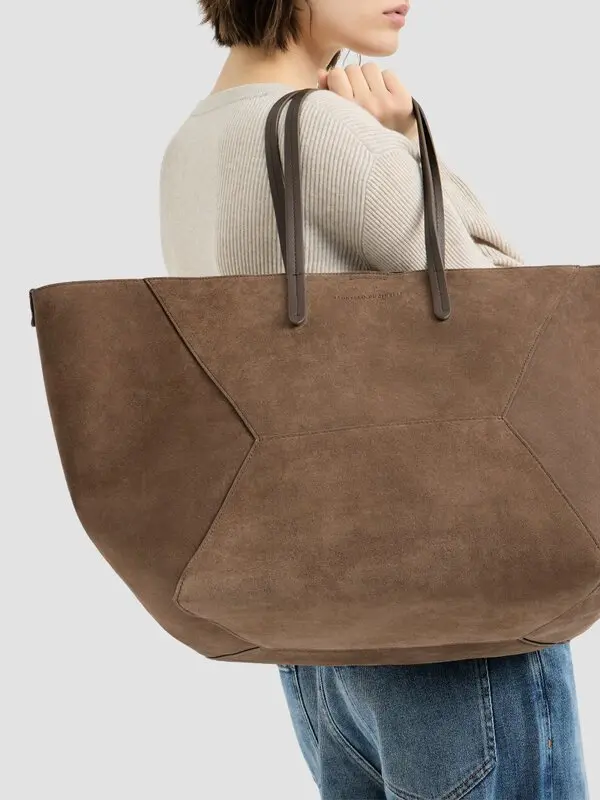 Brunello Cucinelli Duo Large Tote Bag In Suede - Bark