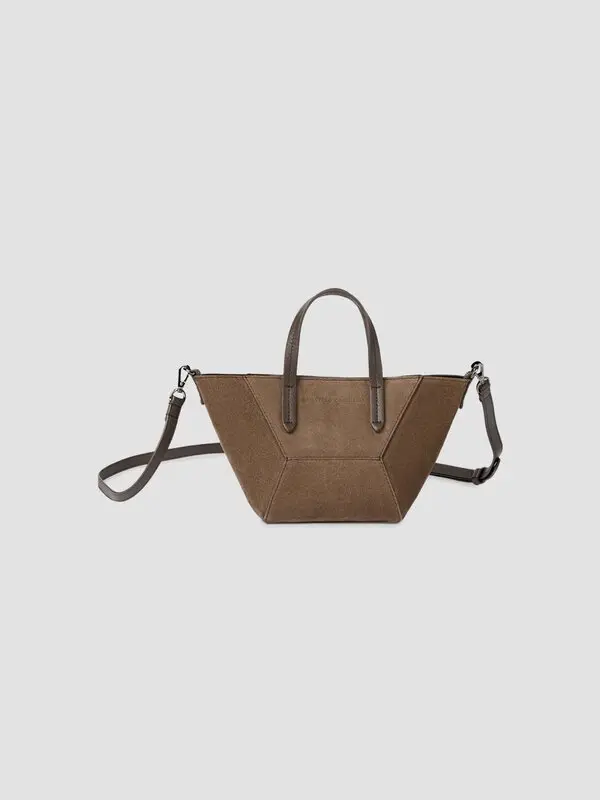 Brunello Cucinelli Duo Mini Top Handle Bag In Suede With Monili - Bark