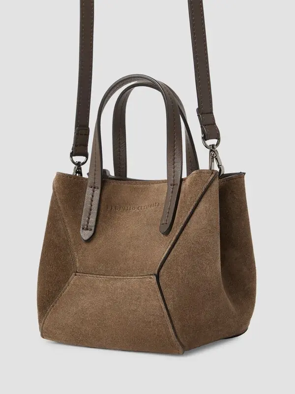 Brunello Cucinelli Duo Mini Top Handle Bag In Suede With Monili - Bark