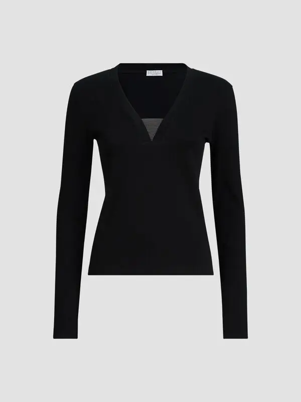 Brunello Cucinelli Stretch Cotton Ribbed Jersey Top - Black