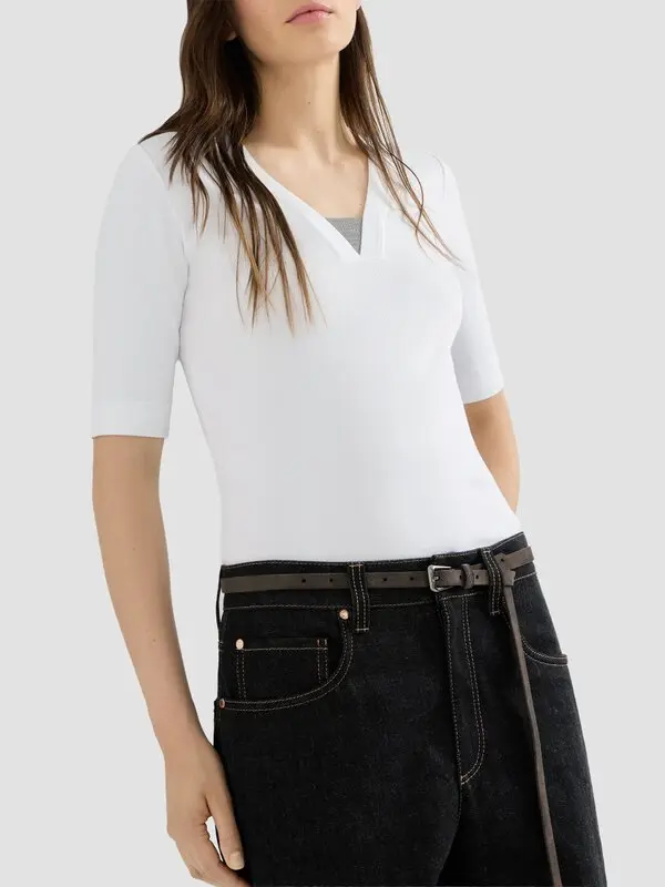 Brunello Cucinelli Stretch Cotton Ribbed Jersey Top - White