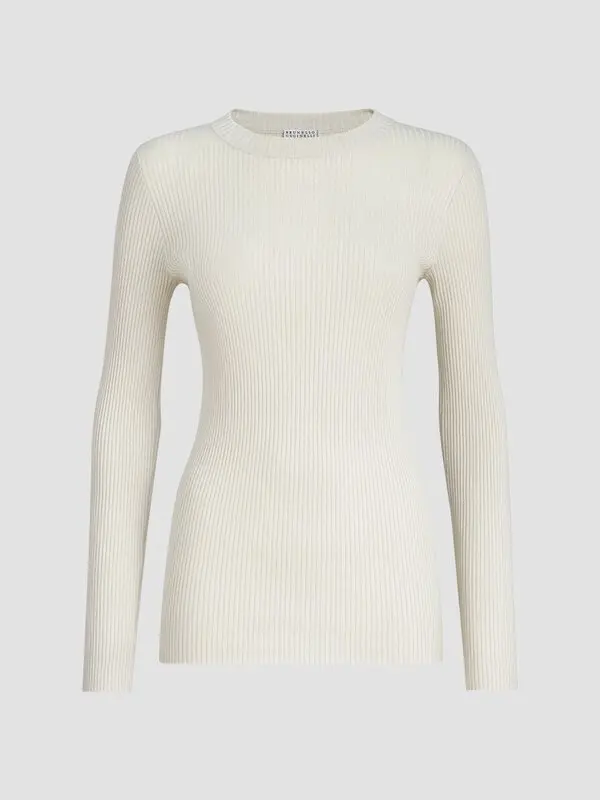 Brunello Cucinelli Sparkling Cashmere And Silk Rib Knit Lightweight Sweater - Milk