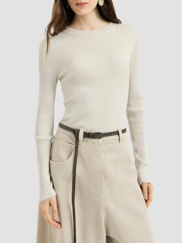 Brunello Cucinelli Sparkling Cashmere And Silk Rib Knit Lightweight Sweater - Milk