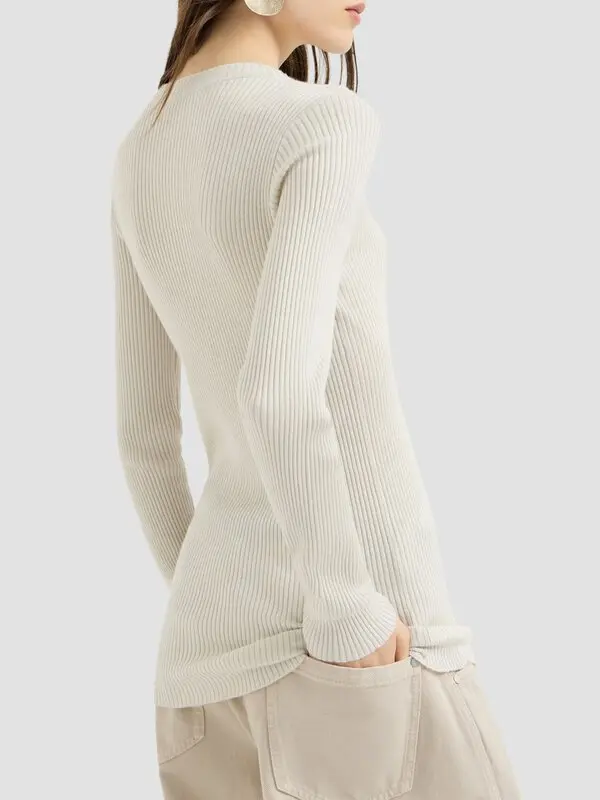 Brunello Cucinelli Sparkling Cashmere And Silk Rib Knit Lightweight Sweater - Milk