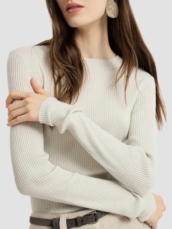 Brunello Cucinelli Sparkling Cashmere And Silk Rib Knit Lightweight Sweater - Milk