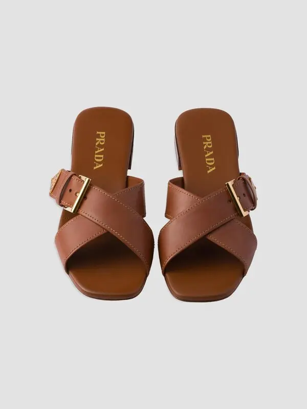 Prada Leather Crisscross Slides With Buckle - Brown