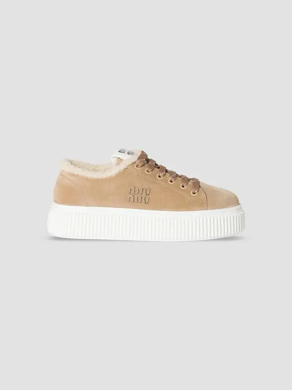 Miu Miu Suede And Shearling Sneakers - Beige Khaki